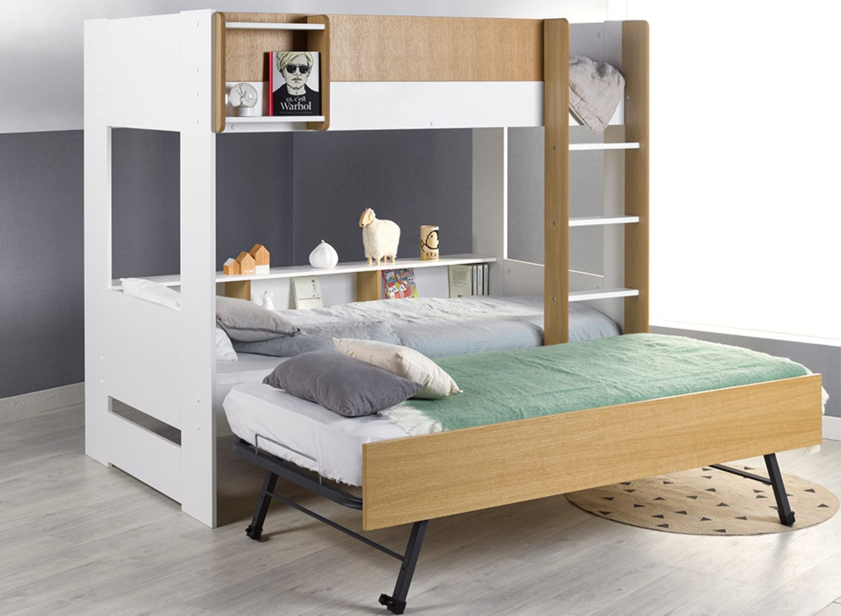 Lit superposé 3 places MANLY 90x190 Blanc et Chêne - Pratique