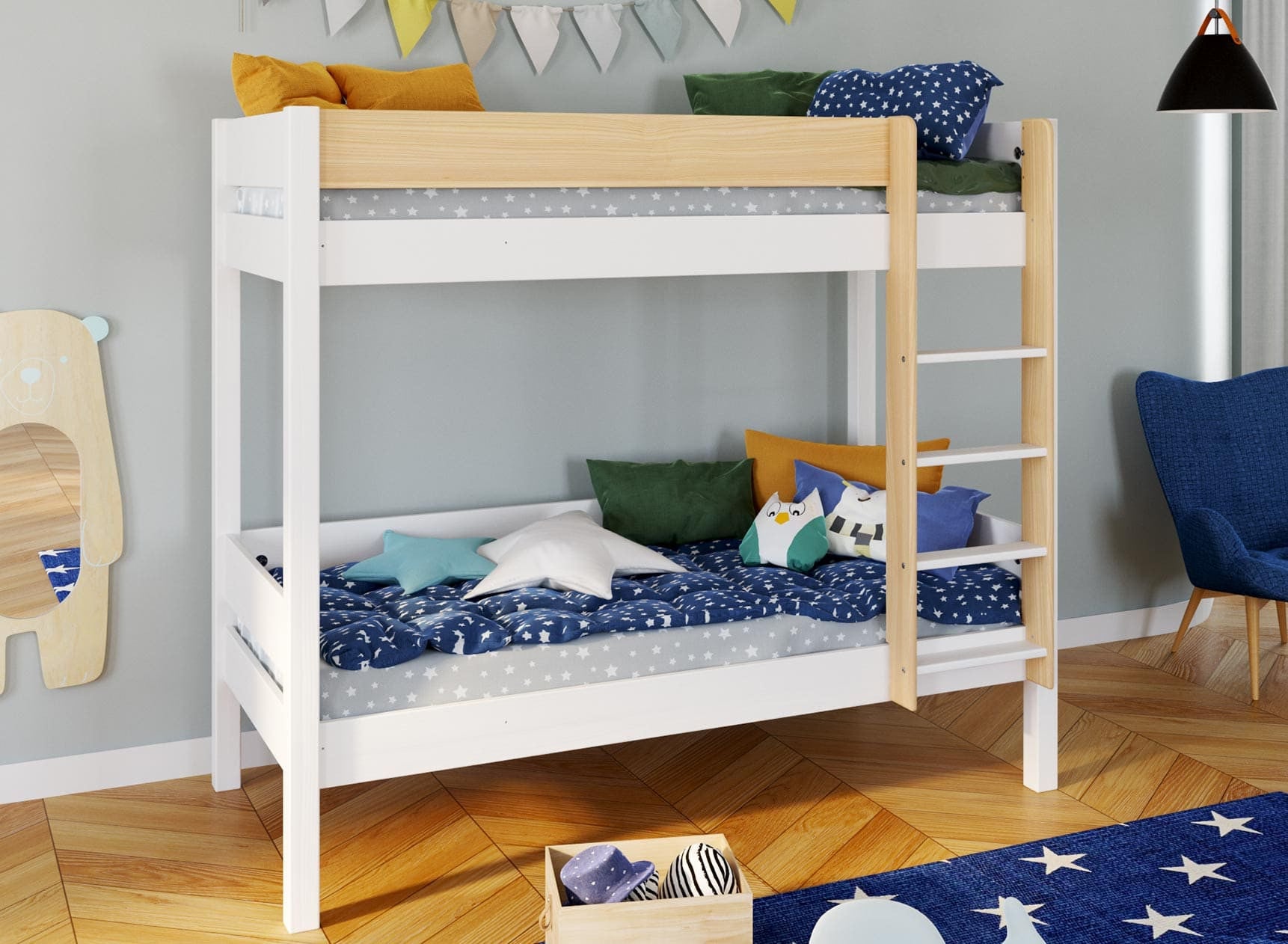 Lit superposé 90x190 cm HOYA Blanc et Pin – En bois massif