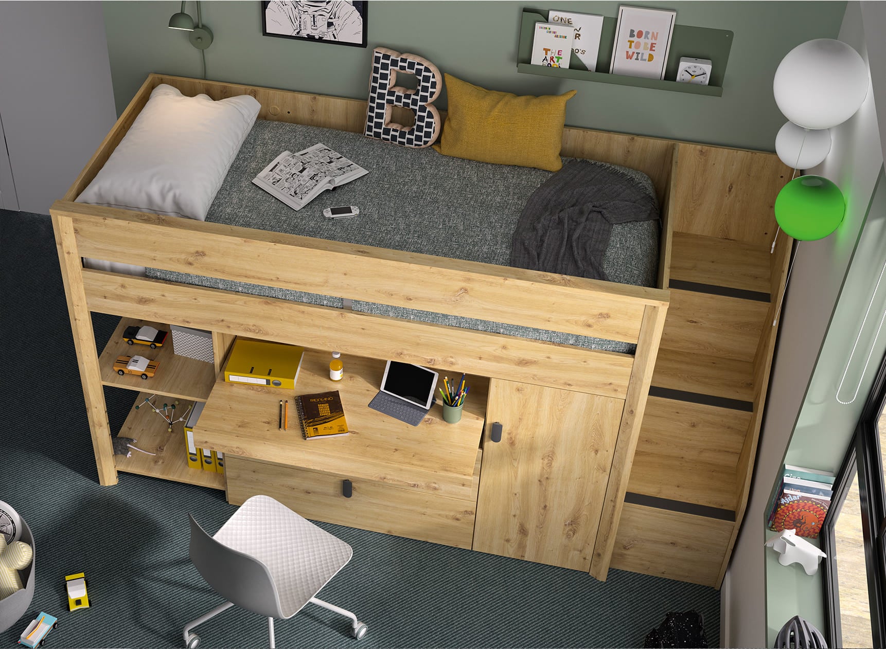 Lit mi-hauteur avec bureau et rangement 90x200 ROBIN