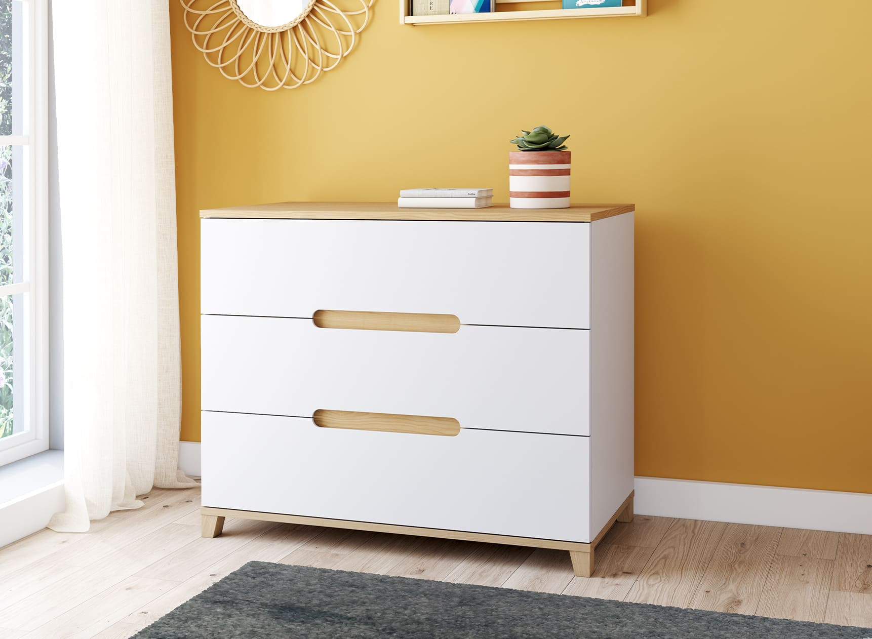 Commode 3 tiroirs ALBI Blanc et Chêne - Ecoresponsable