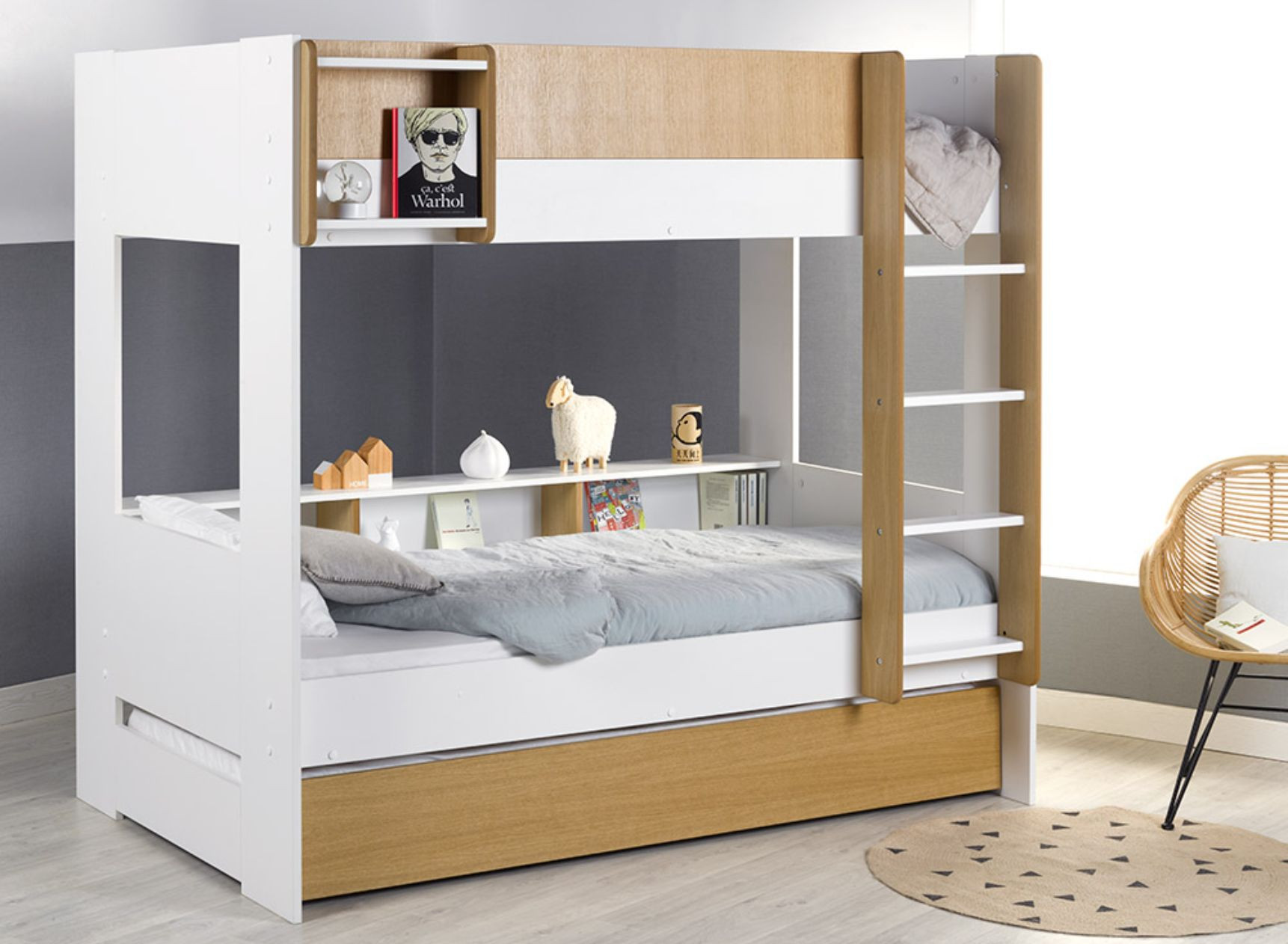 Lit superposé 90x190 MANLY Blanc & Chêne - Avec rangement