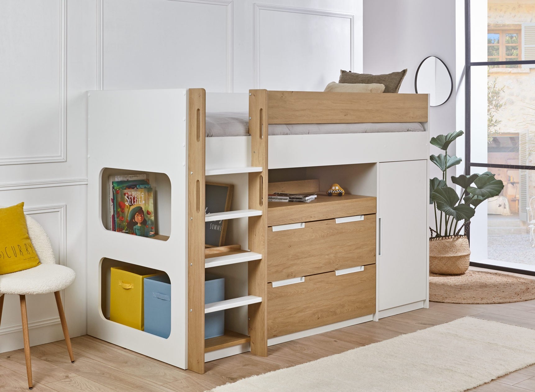 Lit mi-hauteur avec bureau et rangement 90x190 ARLO en chêne