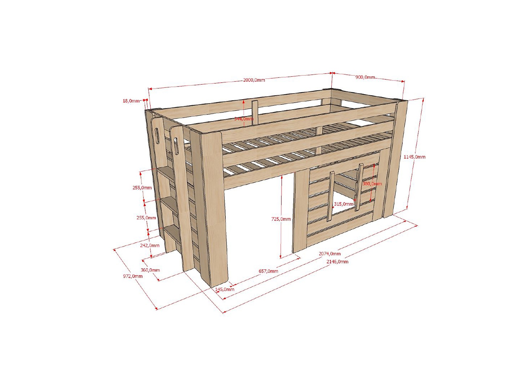 Lit mi-hauteur 90x200 avec cabane MALO en pin massif design