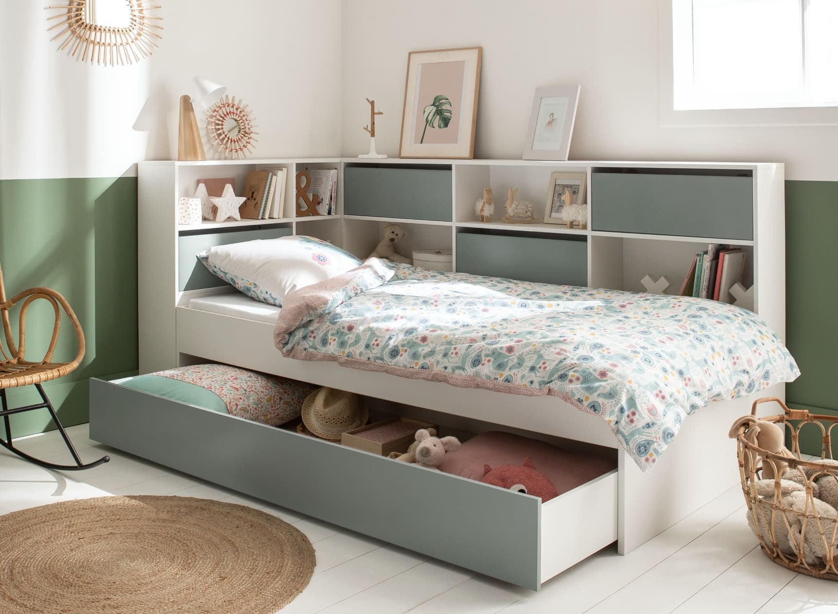 Lit enfant avec rangements 90x190 MANLY blanc et vert