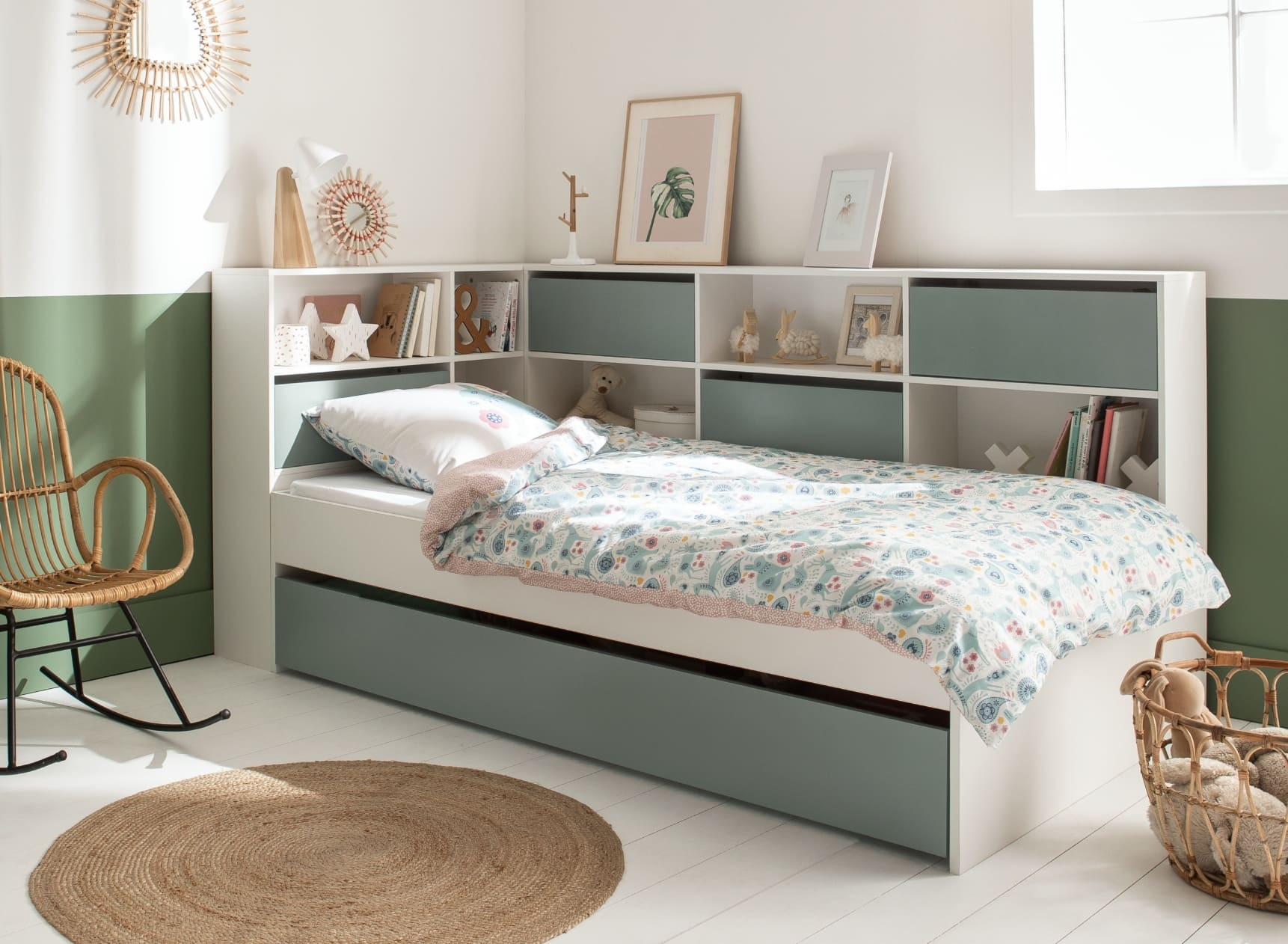 Lit enfant avec rangements 90x190 MANLY blanc et vert