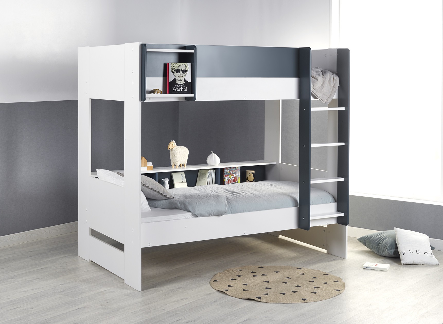 MANLY 90x190 White and Blue Bunk Bed - Design