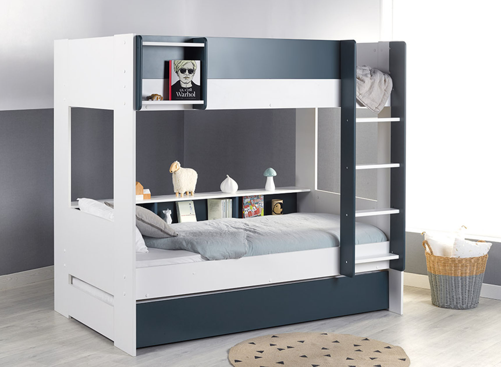 Lit superposé 90x190 MANLY Blanc et Bleu - Design