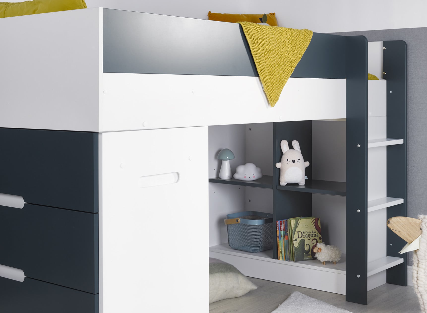 Lit mi-hauteur 90x190 MANLY Blanc et Bleu - Fonctionnel