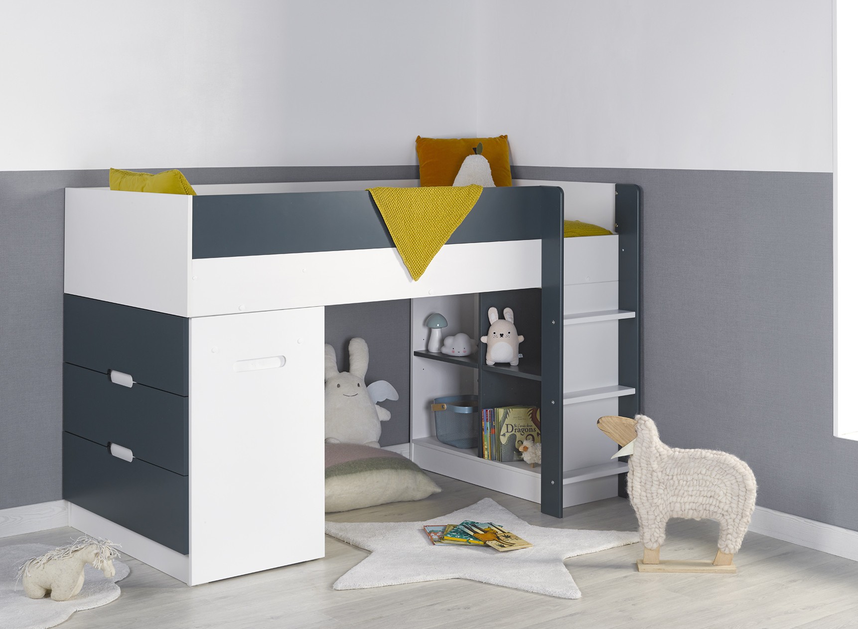 MANLY mid-height bed 90x190 White and Blue - Functional