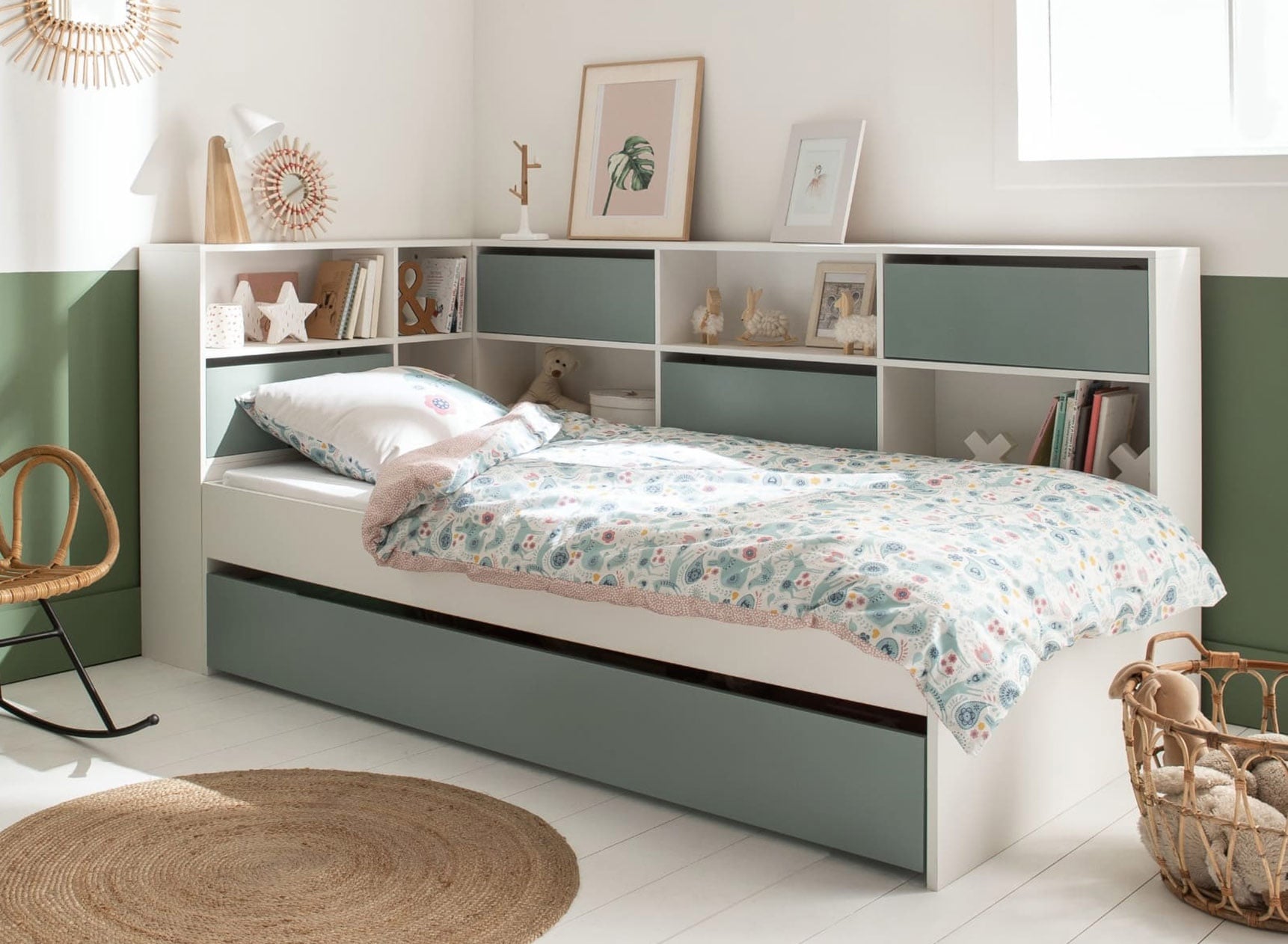 Lit gigogne 90x190 MANLY blanc et vert avec rangements