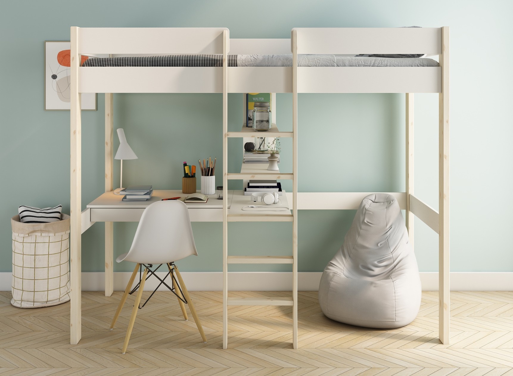 CALVI 90x200 loft bed white & pine with practical desk