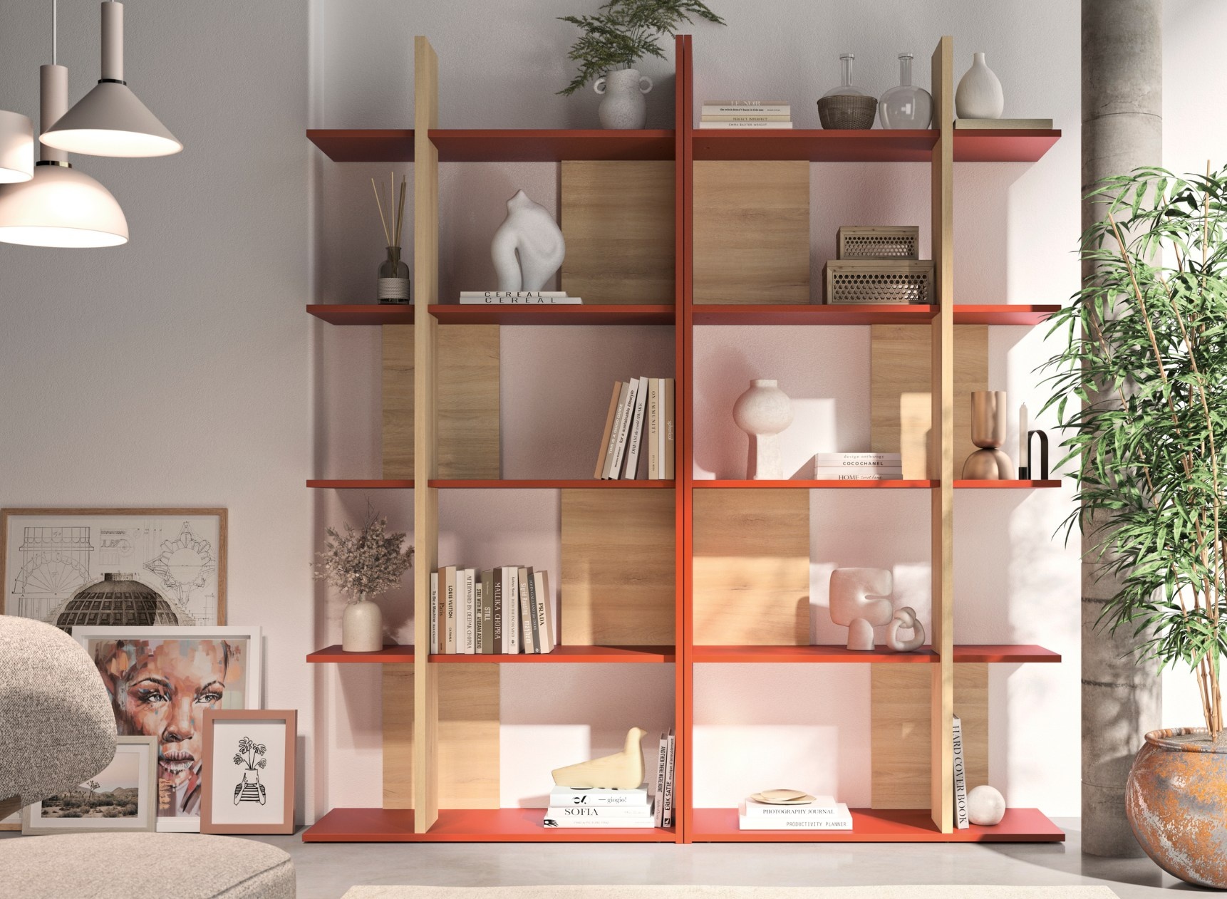 RIVER 10-shelf bookcase terracotta and oak - Functional