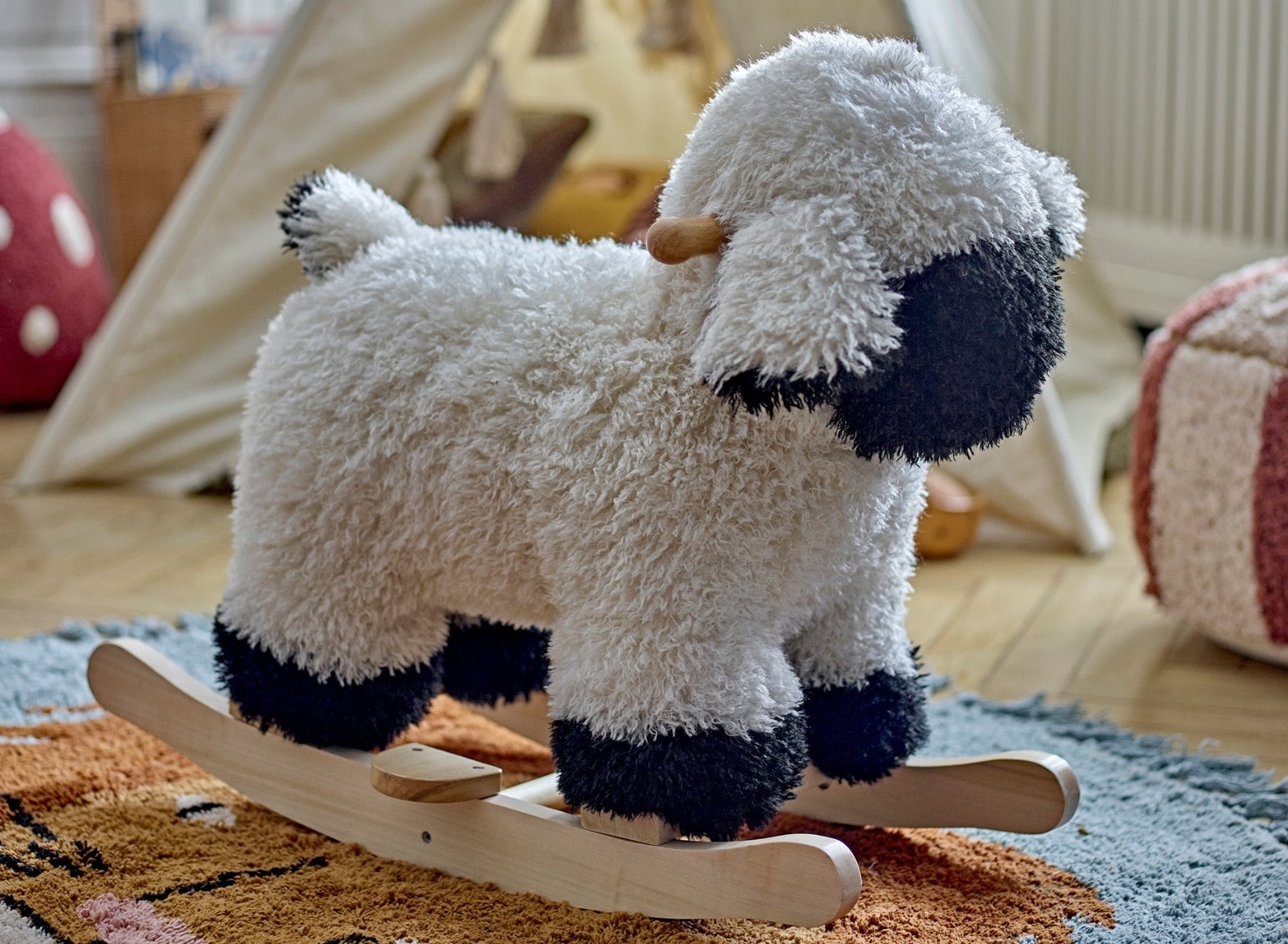 DOLLY trendy black and white wooden rocking sheep toy